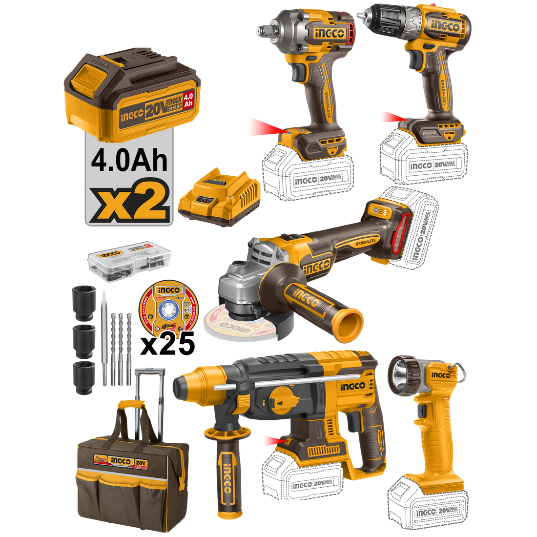 Combo Herramientas Inalámbricas y Accesorios INGCO UCKLI2058 – Herramientas Ingco Colombia